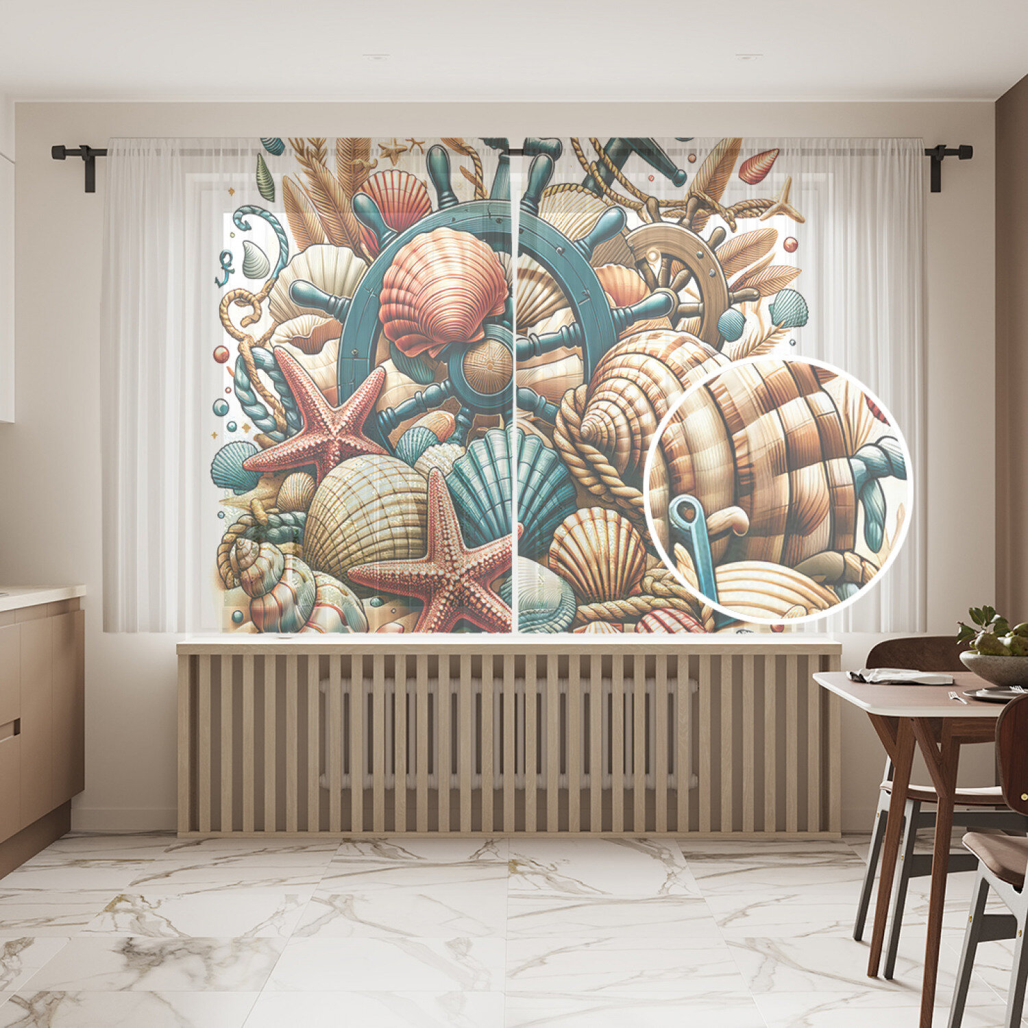 Тюль, фототюль короткий JoyArty "Морская атрибутика" высота 180 см, ширина 145 см (по 2 полотна)