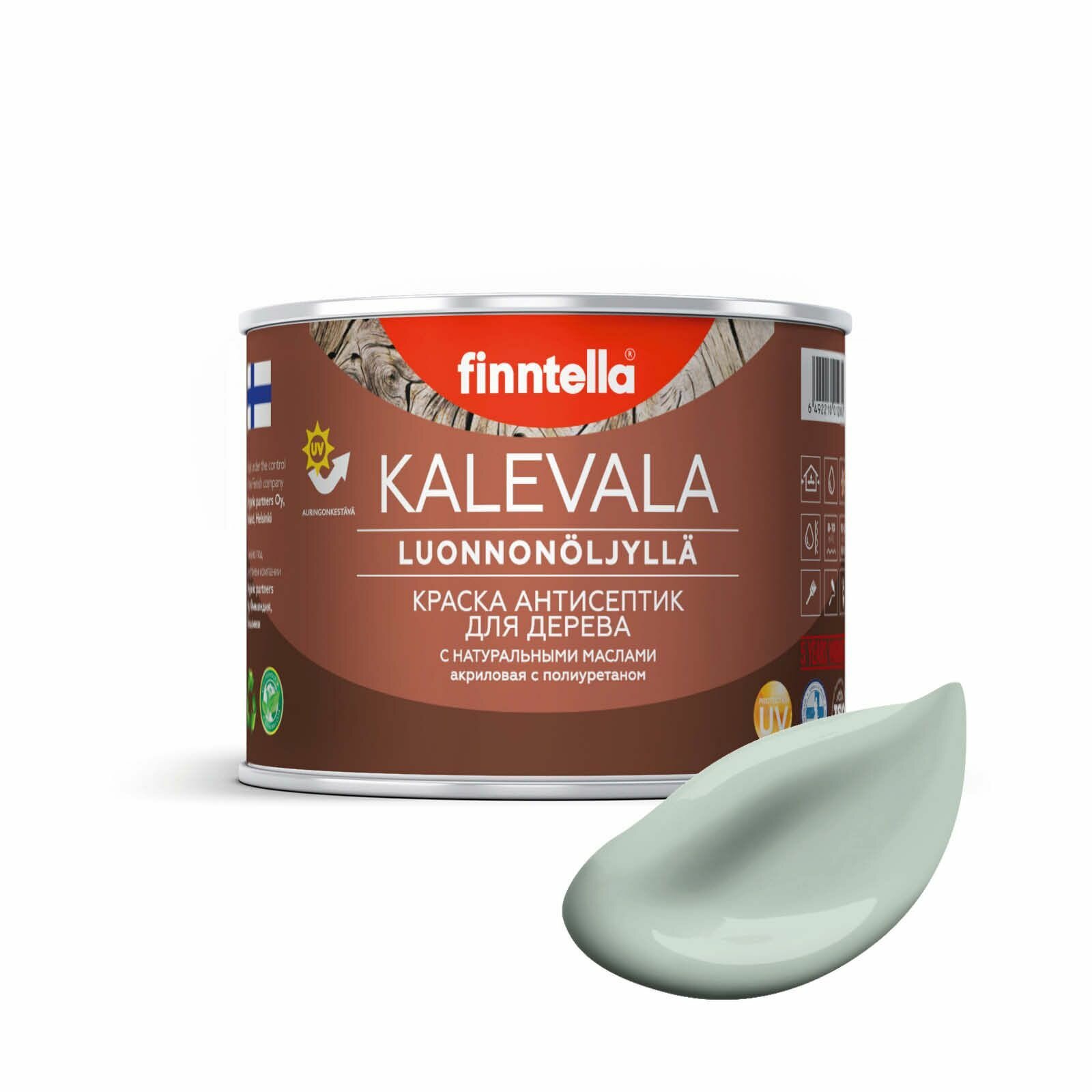 Краска для дерева и деревянных фасадов FINNTELLA KALEVALA, с натуральным маслом и полиуретаном, цвет AAVE (серо-зеленый) , 0,45л
