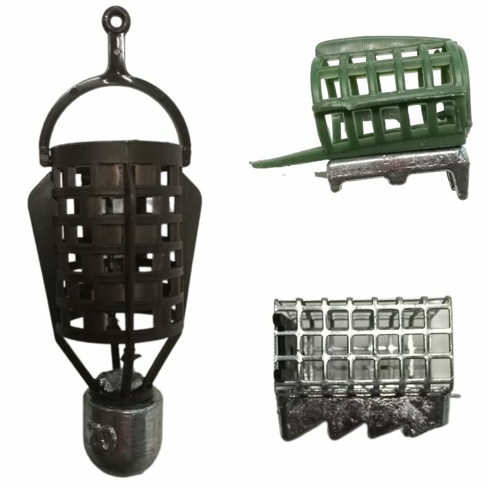 3 шт. Набор кормушек фидерных Пуля / Вампир и Крокодил Грунтозацепом по 70 гр. для реки / озера с умеренным или сильным течением