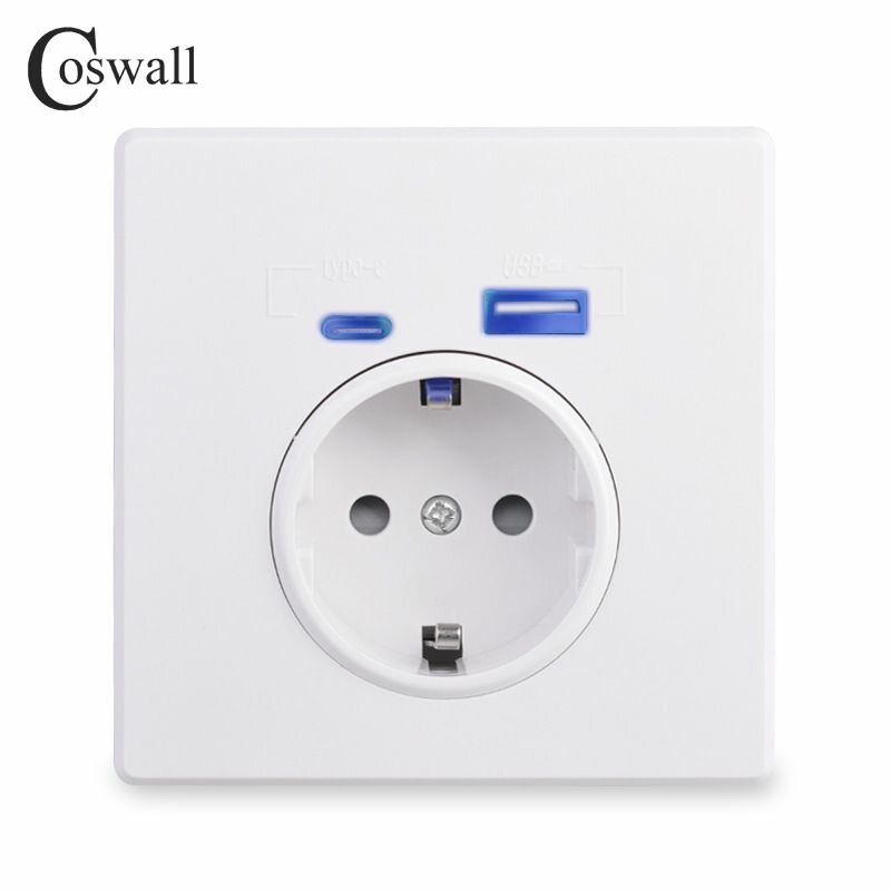 Встраиваемая розетка на 16А + USB + Type C на 2,1А в белой глянцевой рамке, для стандартного круглого подрозетника