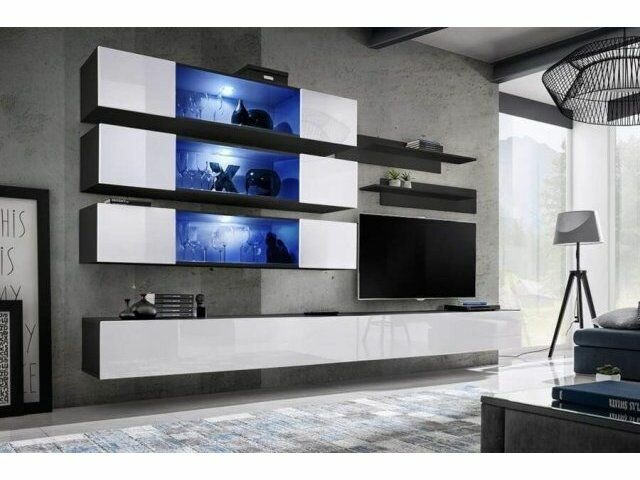 Гостиная-6 черный фасад черный глянец 190 фасад белый глянец