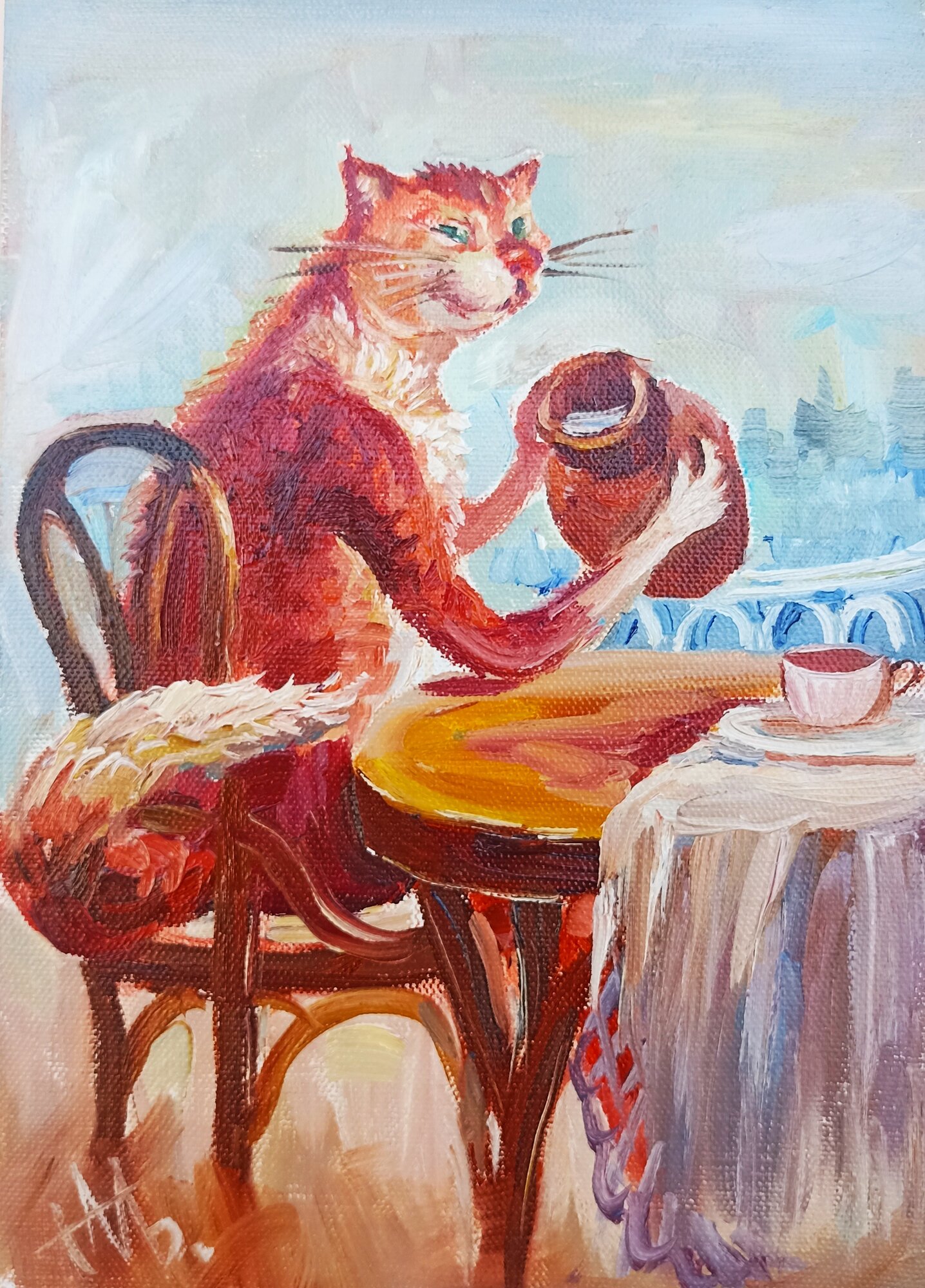 Картина масло/холст. 100% ручная работа, 100% живопись от Художественной мастерской Грëзы. Картина из серии "Необычные забавные картины". Кошечка. Картина написана в импрессионистском стиле. Размер 20х30 см.