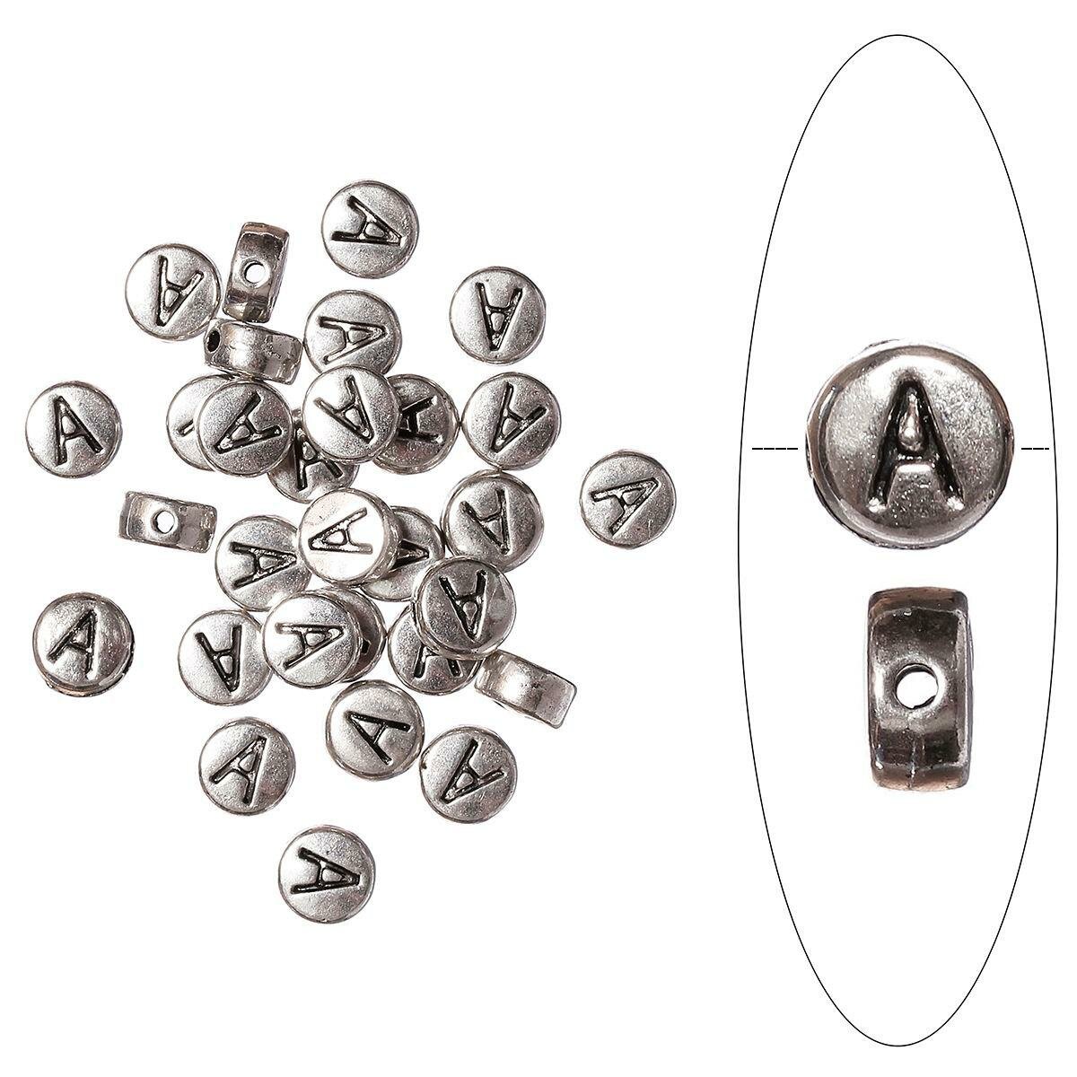 Бусина металлическая, 7х4мм, буква A, базовый материал - цинковый сплав, серебристая с чернением, 10 шт.