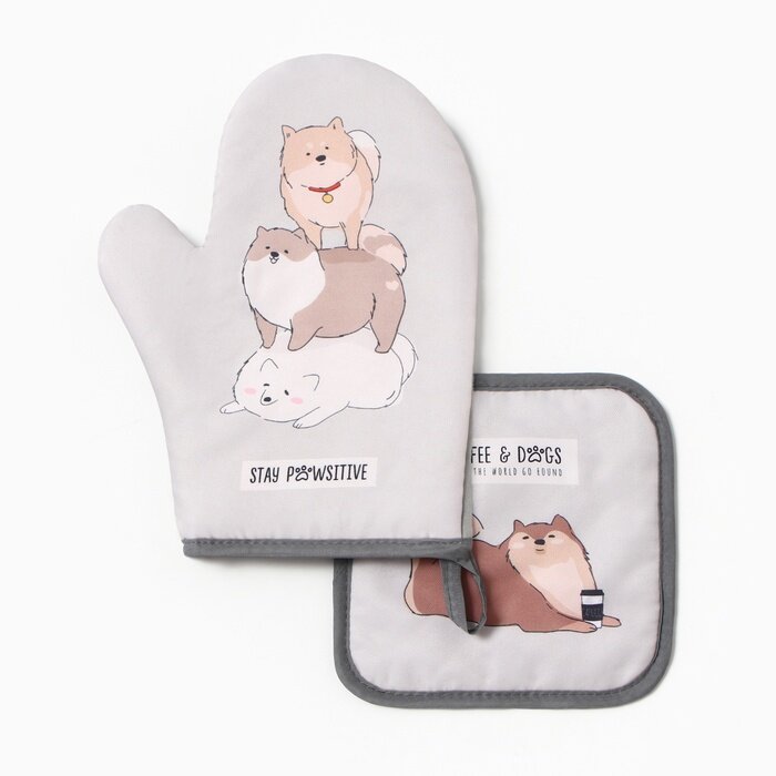 Подарочный набор."Cofee&dogs" варежка-прих.20х27см, прихватка 17х17см 100% п/э