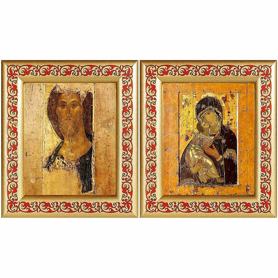 Венчальная пара "Спас Вседержитель (Андрей Рублев, 1410 г) - Владимирская икона Божией Матери (XII в)", две иконы в широких деревянных рамках с узором 14,5*16,5 см