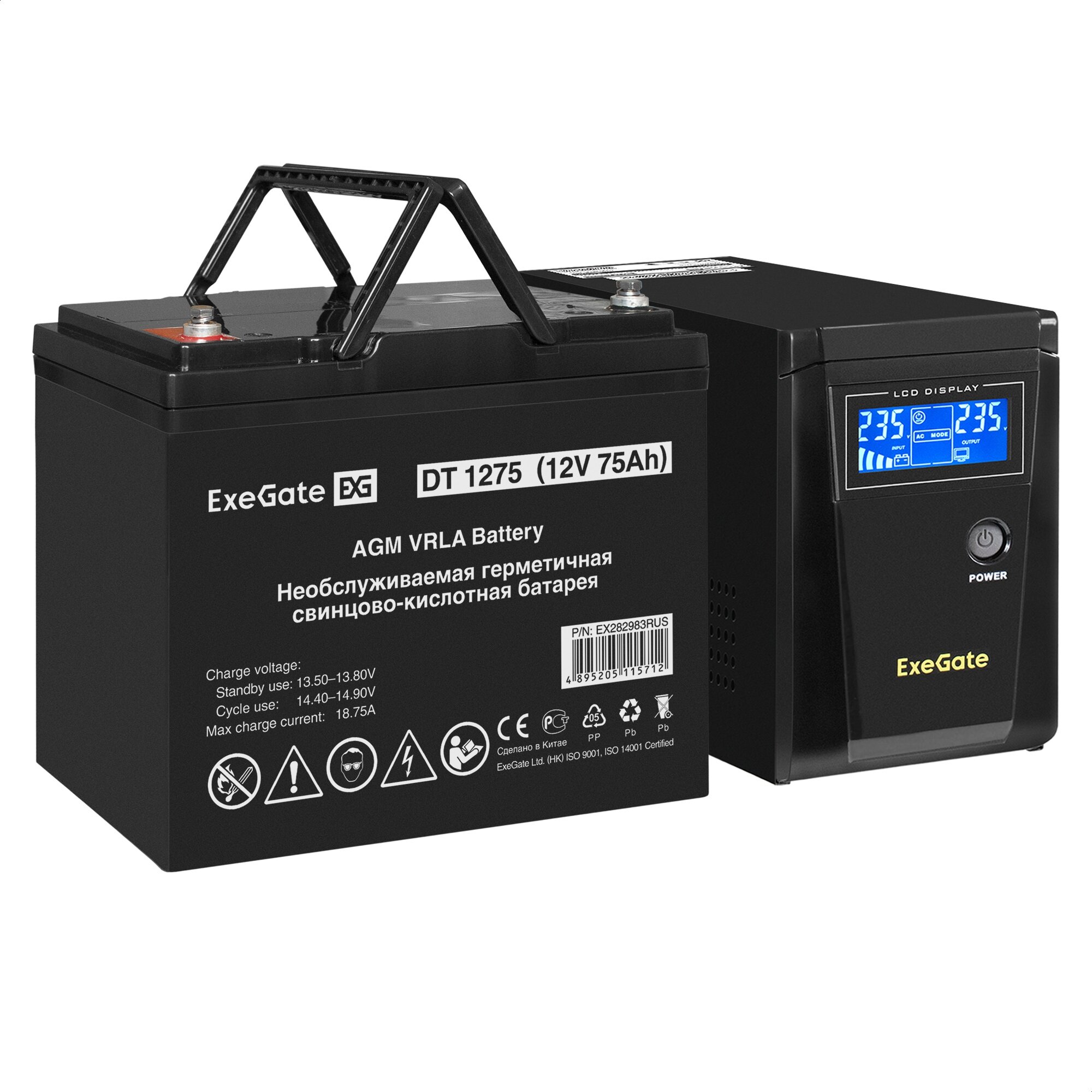 Комплект ИБП EX295986RUS + батарея 75Aч EX282983RUS 1шт (инвертор, синус, для котла) ExeGate SineTower SZ-600. LCD. AVR.1SH <600VA/360W, чистый синус
