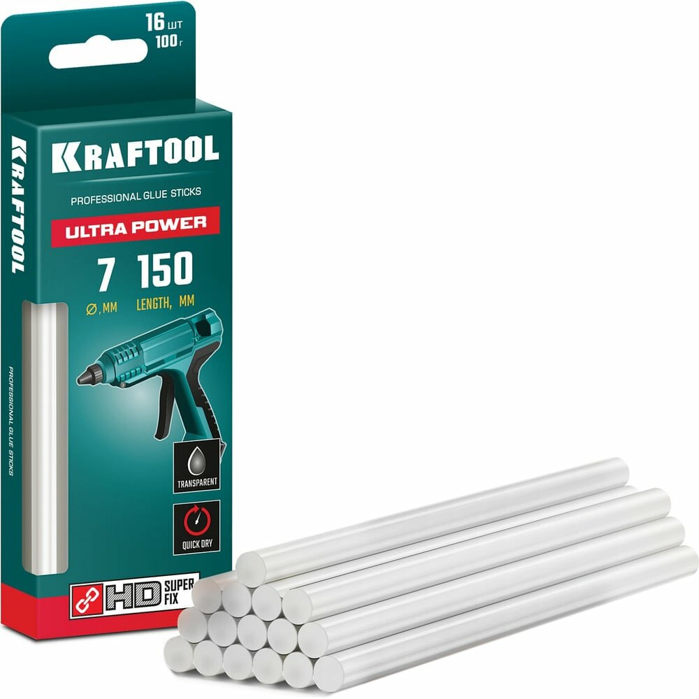Ультрамощные прозрачные клеевые стержни KRAFTOOL Ultra Power 16 шт, 7x150 мм 06837-16