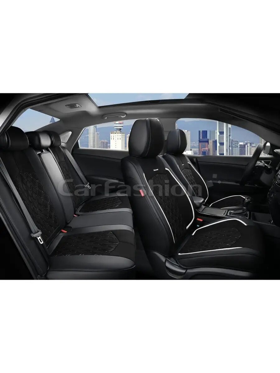 Комплект каркасных чехлов 5D CarFashion DIAMOND PLUS, черные/прострочка серая