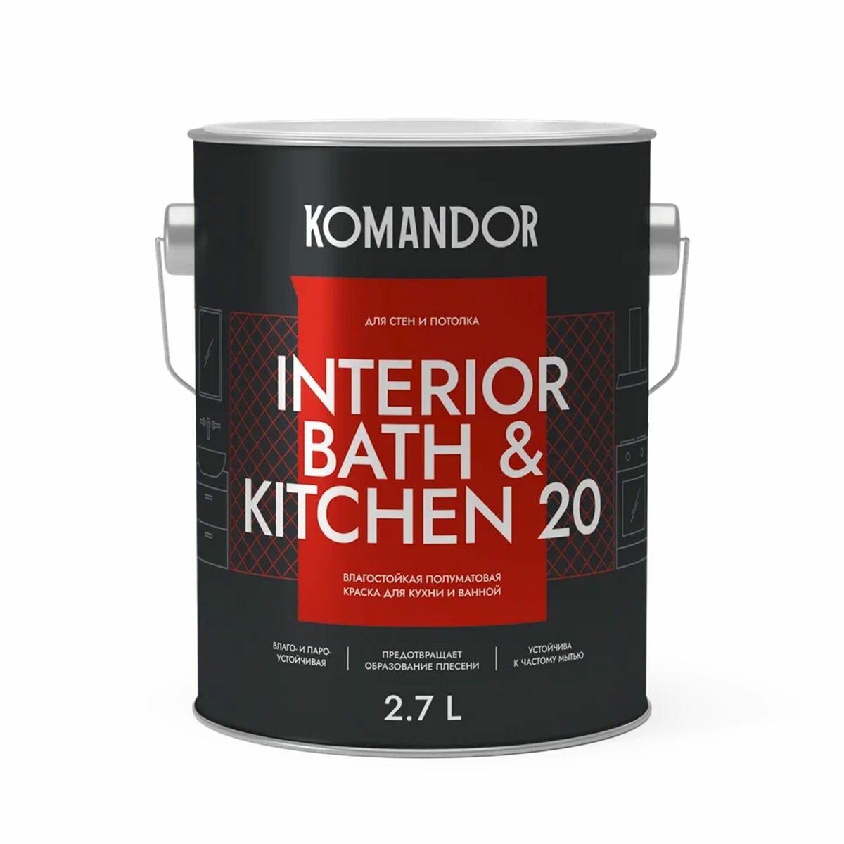 Краска для стен и потолков Komandor INTERIOR BATH&KITCHEN 20, влагостойкая, база A, 2.7 л