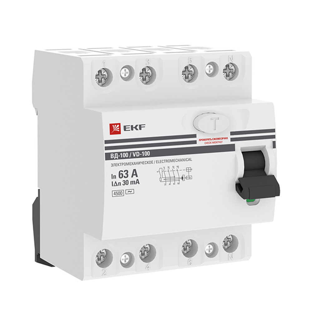 УЗО EKF ВД-100 4P 63 А 30 мА 4.5 кА АС elcb-4-63-30-em-pro