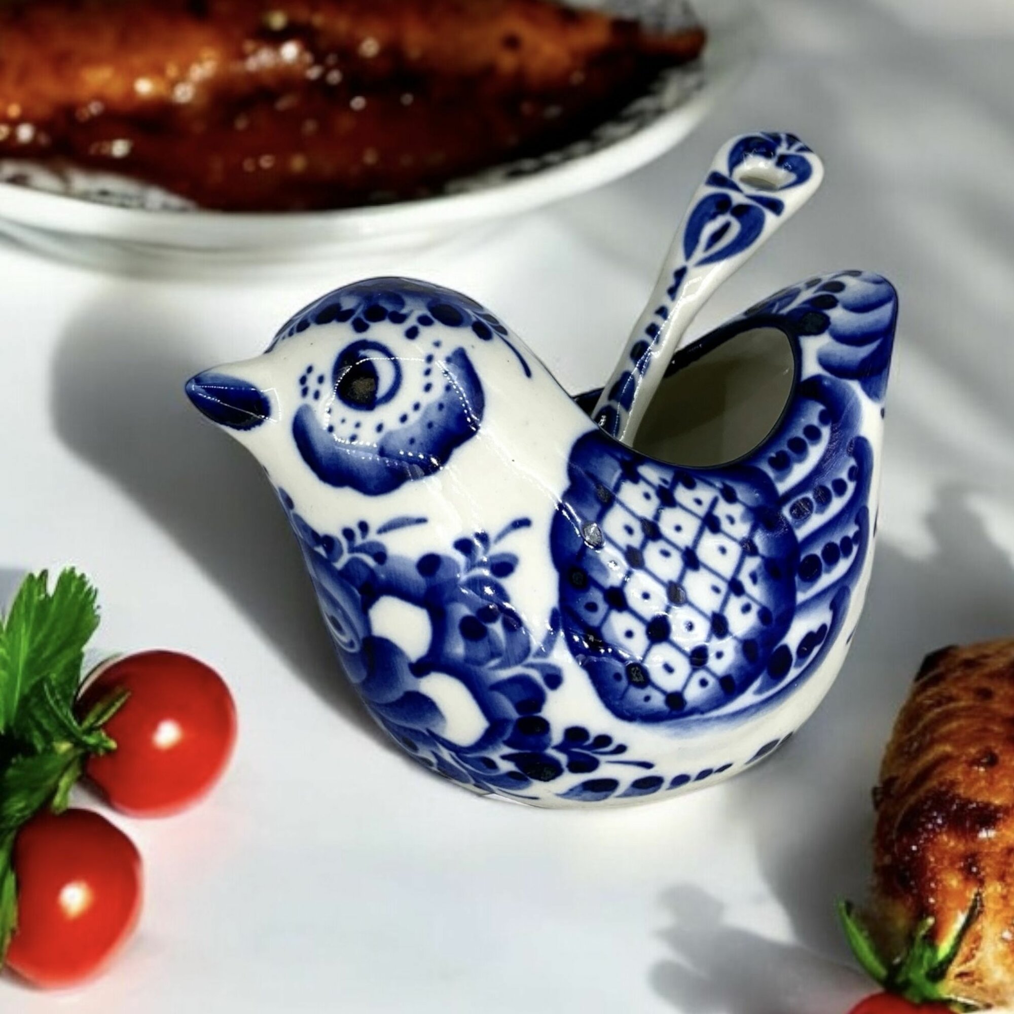 Соусник с ложкой гжель фарфор ручная работа