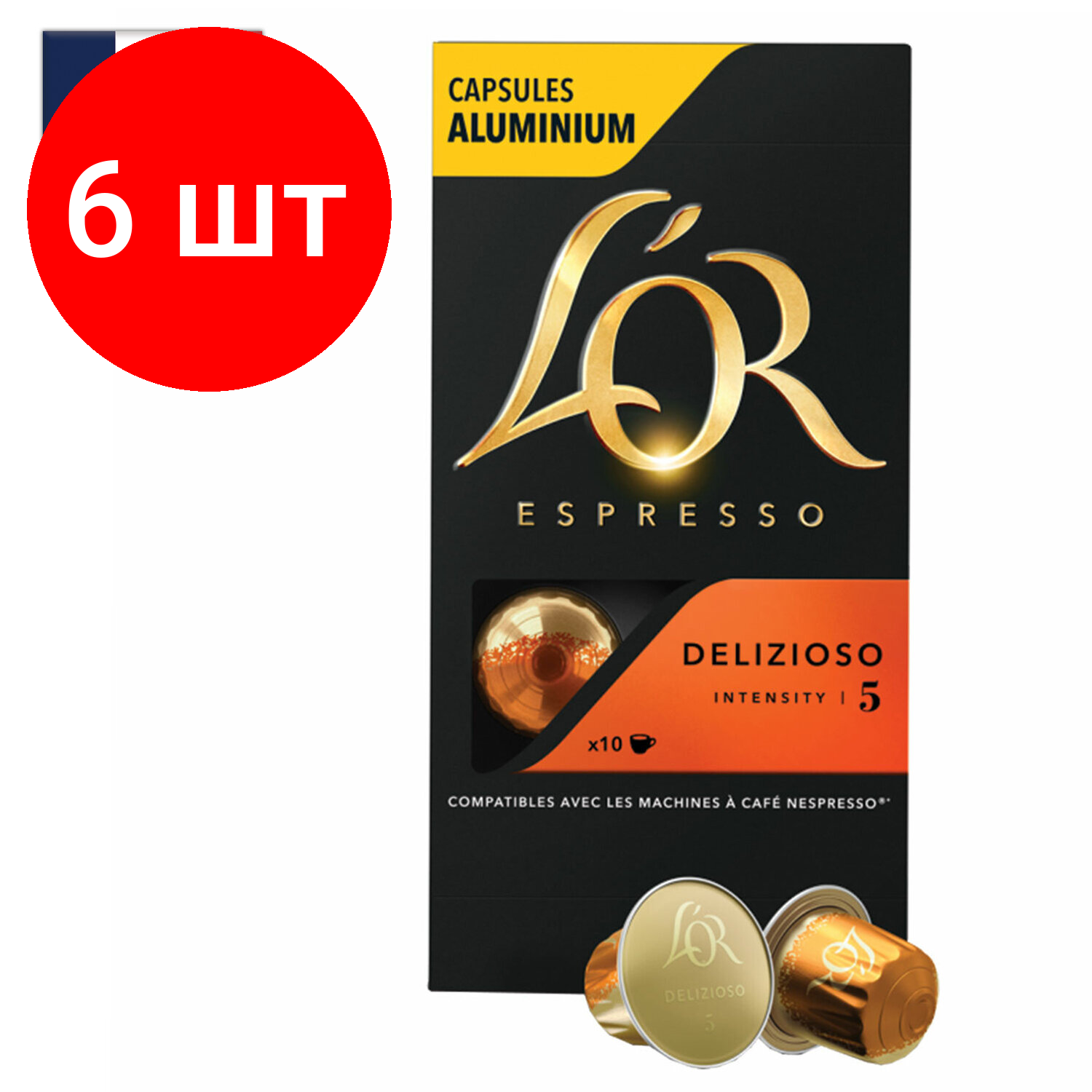 Комплект 6 шт, Кофе в алюминиевых капсулах L'OR "Espresso Delizioso" для кофемашин Nespresso, 10 порций, 4028608