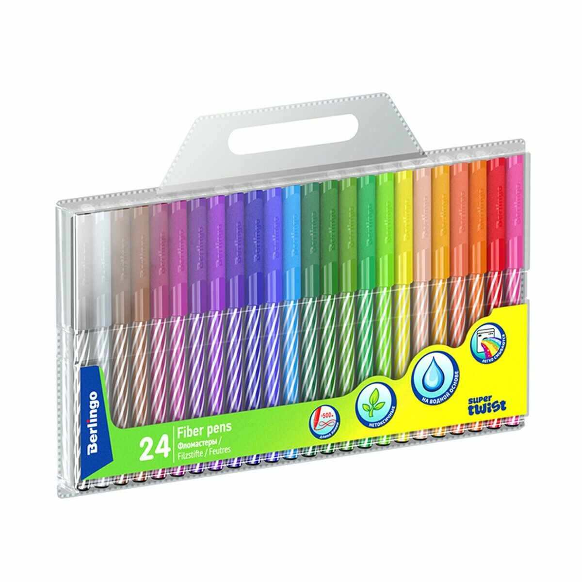 Набор фломастеров 24 цвета Berlingo SuperTwist (линия 2мм, смываемые, рисунок на корпусе) блистер (WP_03024), 12 уп.