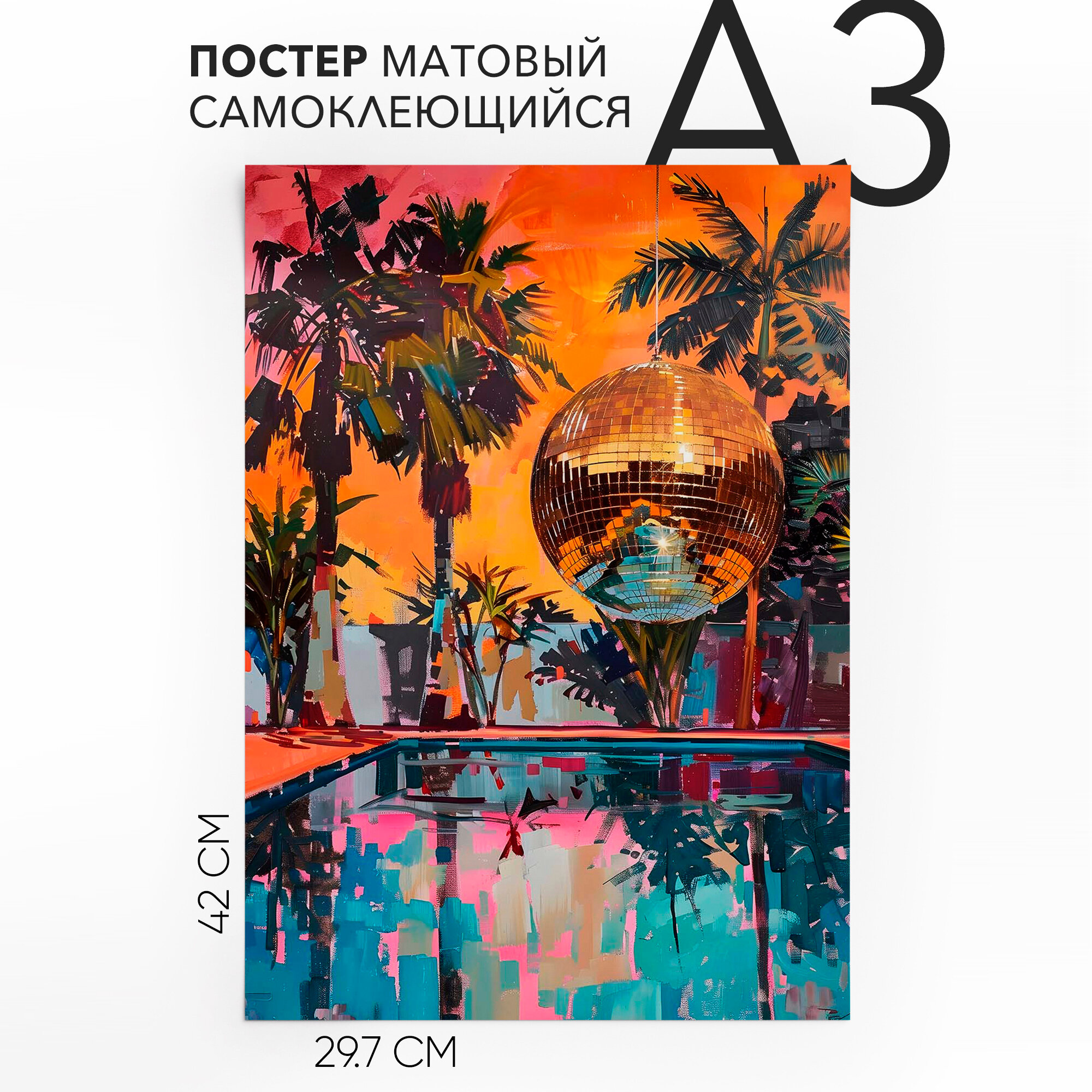 Постер на стену самоклеящийся A3 Бассейн и дискошар, влагостойкий, для декора