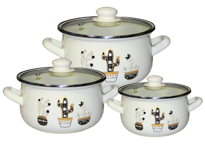 Набор кастрюль 3-х предметный "Кактусы"(арт.4015А) белые Набор посуды для приготовления 2,1л; 3,1л; 4,0л