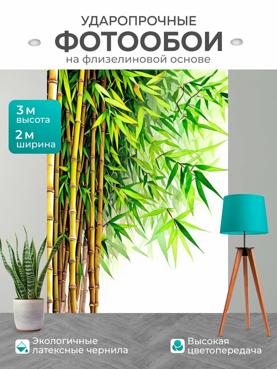 Фотообои моющиеся ударопрочные "Густое бамбуковое лесное заросли, растущее в экзотической местности с легким ветром. использовать акварельные краски" 200x300 см. флизелиновые на стену