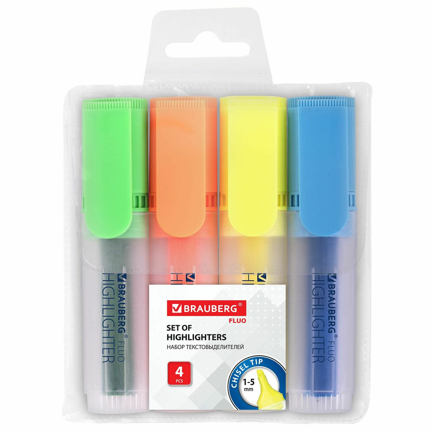 Текстмаркеры Brauberg набор 4 штуки, "FLUO", прозрачный корпус, скошенный наконечник 1-5 мм (лимонный, голубой, зеленый, оранжевый) (150403)