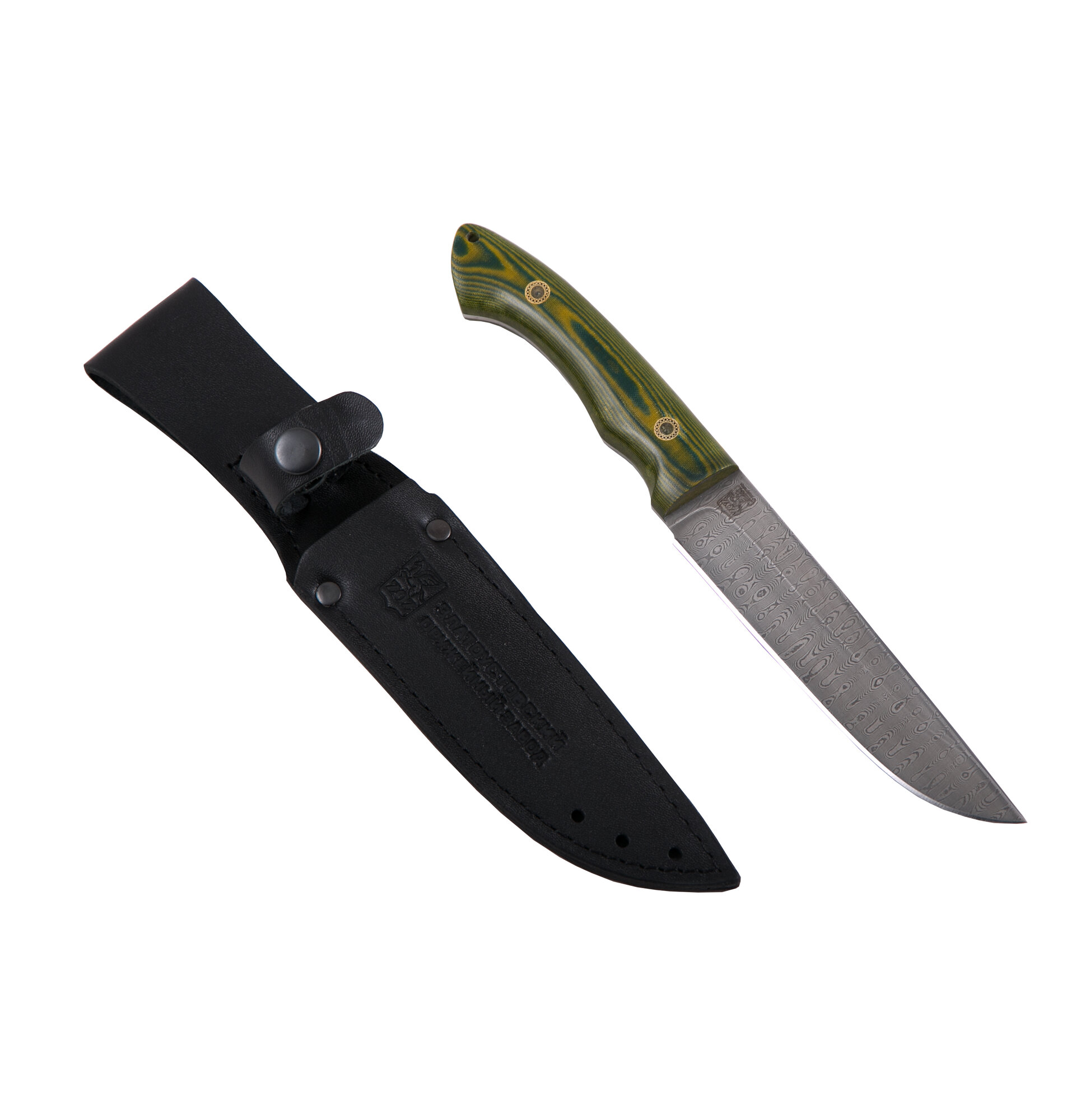 Нож ЦМ "Лиса" (нержавеющая дамасская сталь, микарта зелена-желтая)