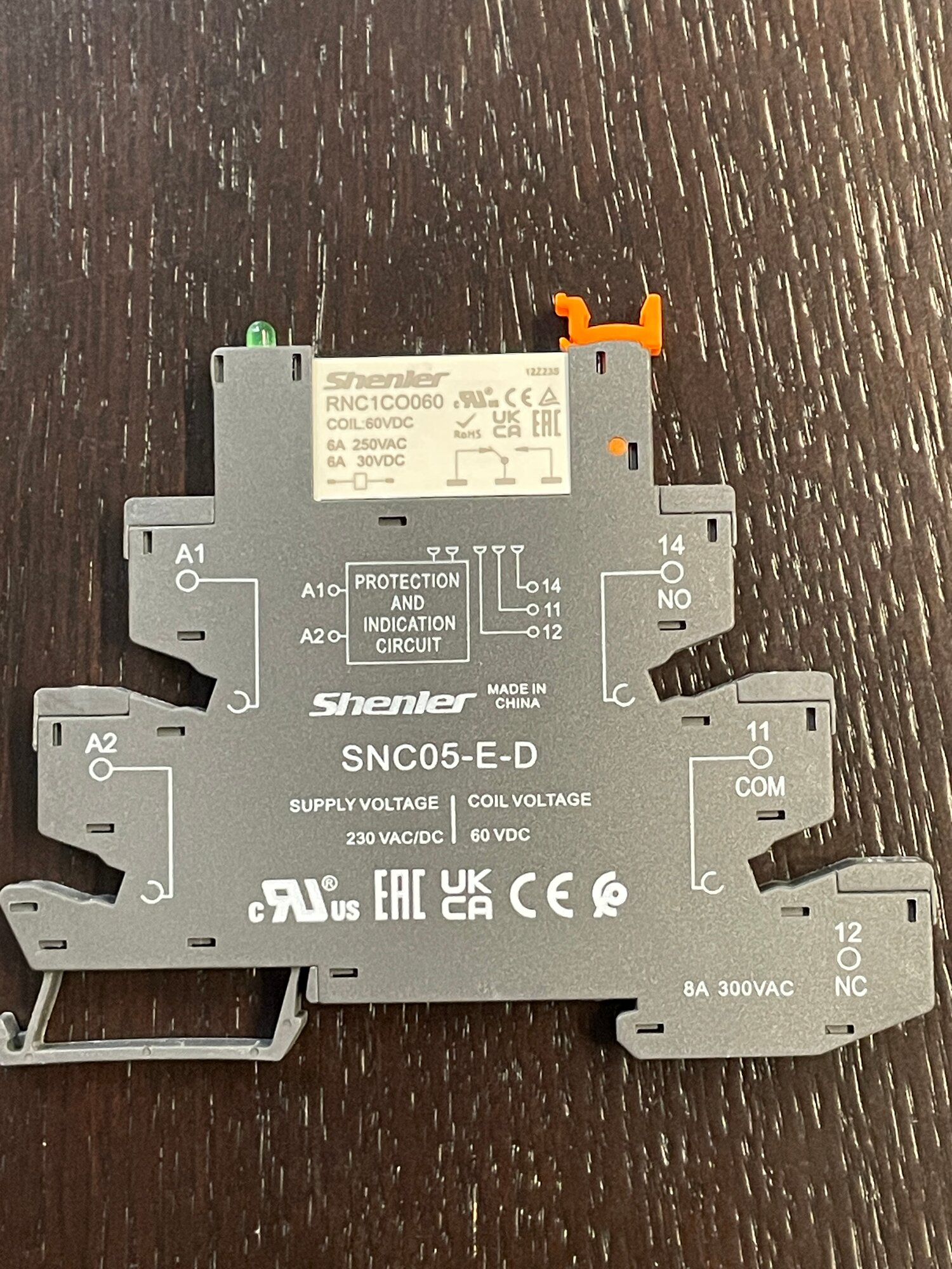 Реле интерфейсное RNC1CO060 с колодкой SNC05-E-D, SHENLER, винтовой зажим, 1CO, 6A(250VAC), 230VAC/DC, LED, W=6.2mm