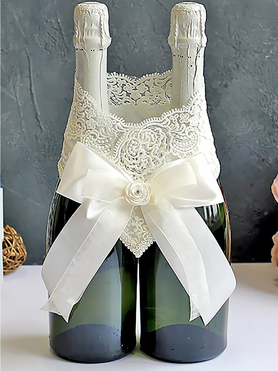 Украшение на бутылки шампанского свадебное молодоженам жениху и невесте, чехол, наряд декор с лентами