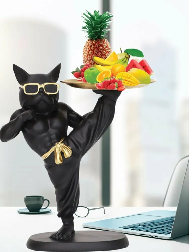 Статуэтка интерьерная французский бульдог с тачкой в современном стиле, декоративная подставка для мелочей, конфетница, собака с подносом