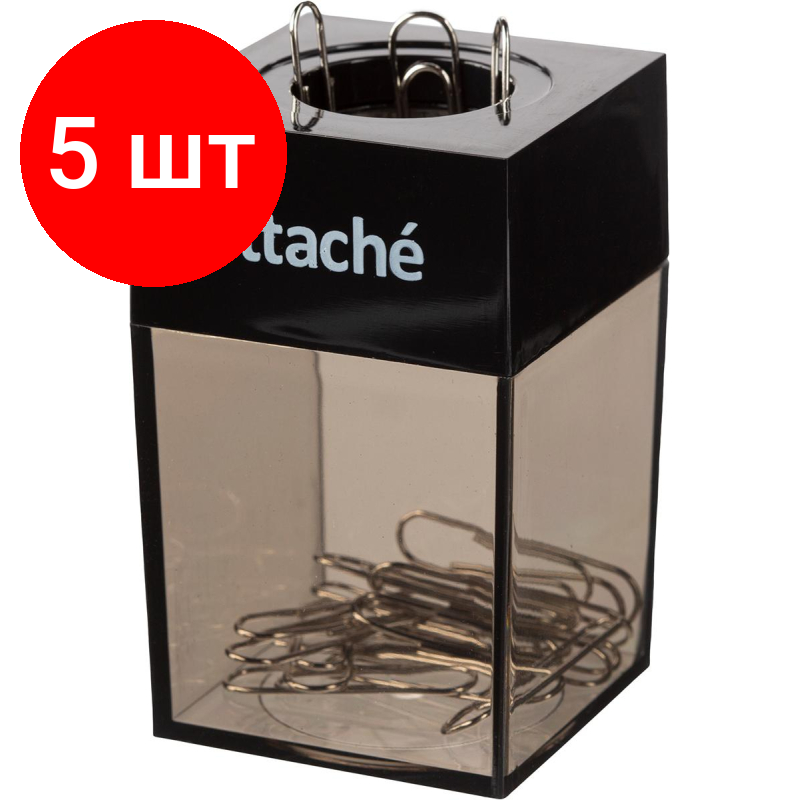 Комплект 5 штук, Скрепочница магнитная Attache с металл. скрепками 28 мм, цвет черный