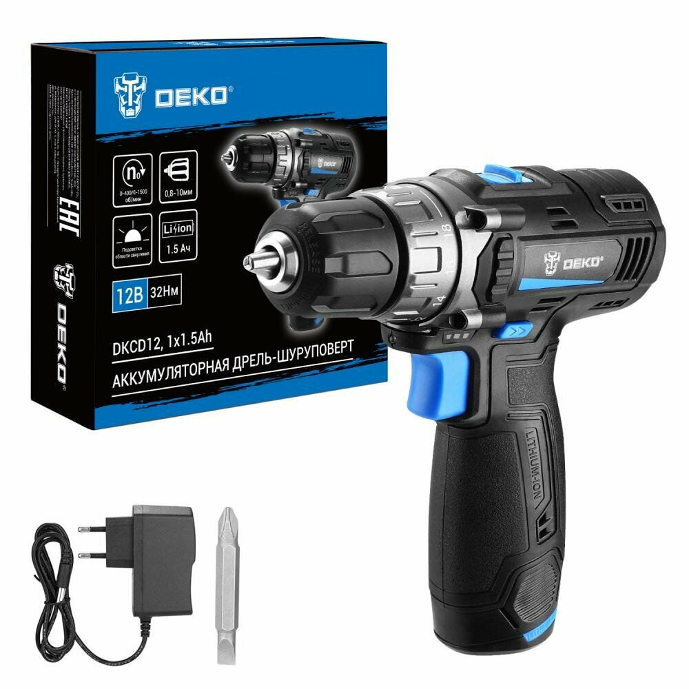 Аккумуляторная дрель-шуруповерт DEKO DKCD12 12В 1x1.5Ач 32Нм 083-1121