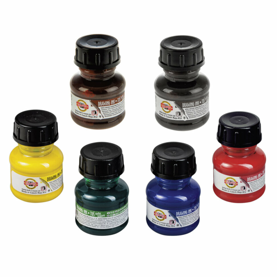 Тушь KOH-I-NOOR, набор 6 шт. х 20 мл, ассорти, картонная коробка, 01417S0601KK, 224321