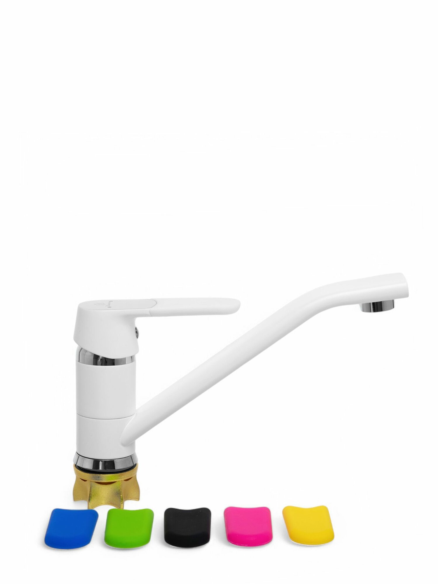 Смеситель для кухни с длинным изливом и сменными цветными накладками на шаровую ручку, белый