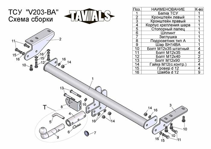 Фаркоп(прицепное) Tavials для VOLVO XC 90 2006-2014 (С быстросъемным шаром),(паспорт и сертификат в комплекте)(без электрики)T-V203-BA