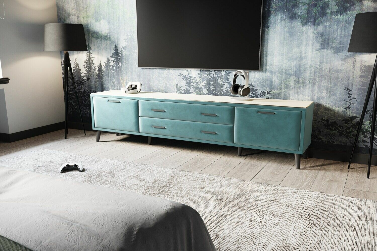 Тумба ARNIKA Пай 2.0, ТВ-тумба, бирюзовая, из ЛДСП, с шариковыми направляющими