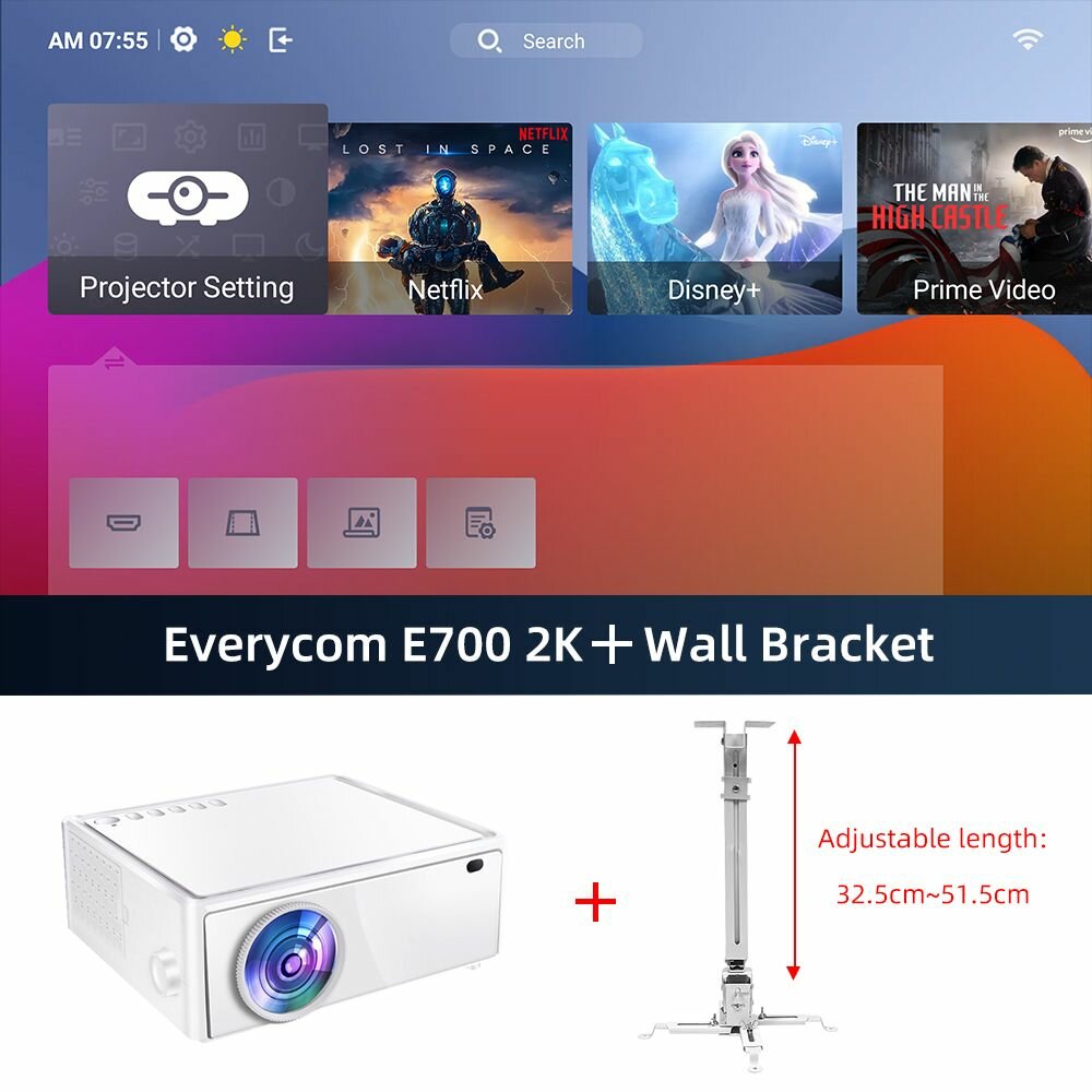 Проектор Everycom E700 Real 2k, 4K, 7500 люмен, Smart TV, Android 11, проекторы для домашнего кинотеатра с 3 + 16G 2,4/5G WIFI, домашний кинотеатр