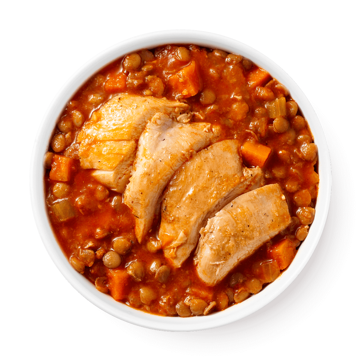 Чечевица с тушёными овощами и курицей в соусе демиглас «Летающая тарелка»