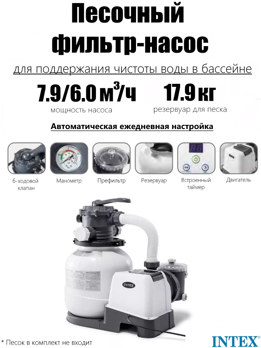 Песочный фильтр-насос SX2100, 7.9/6.0м3/ч, резервуар для песка 17.9кг, фракция 0.45-0.85мм