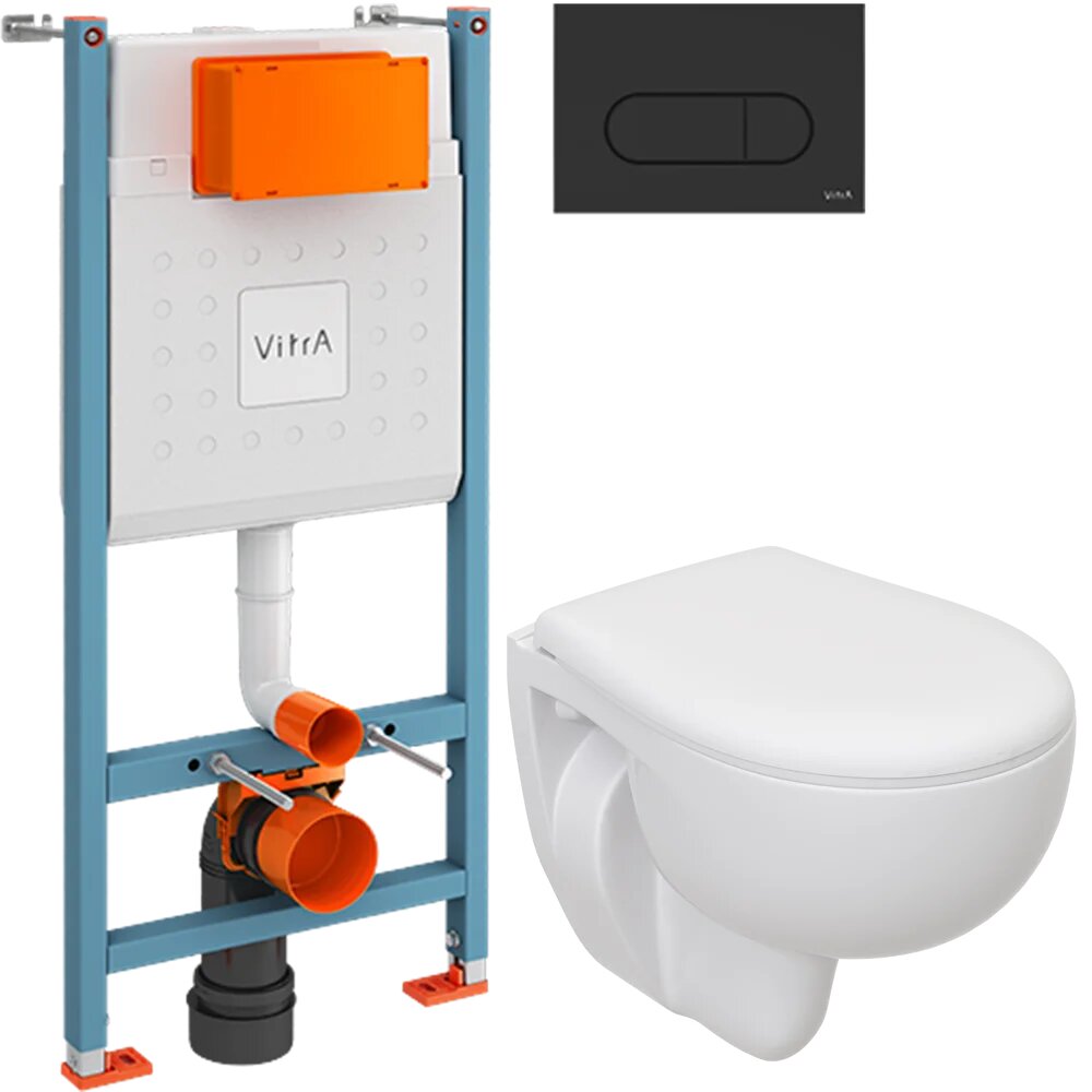 Комплект 3 в 1 Инсталляция с кнопкой VitrA V-Fix Core 732-5800-01 цвет матовый черный / Унитаз подвесной Seramiksan Natura A051041H / Крышка AG50002