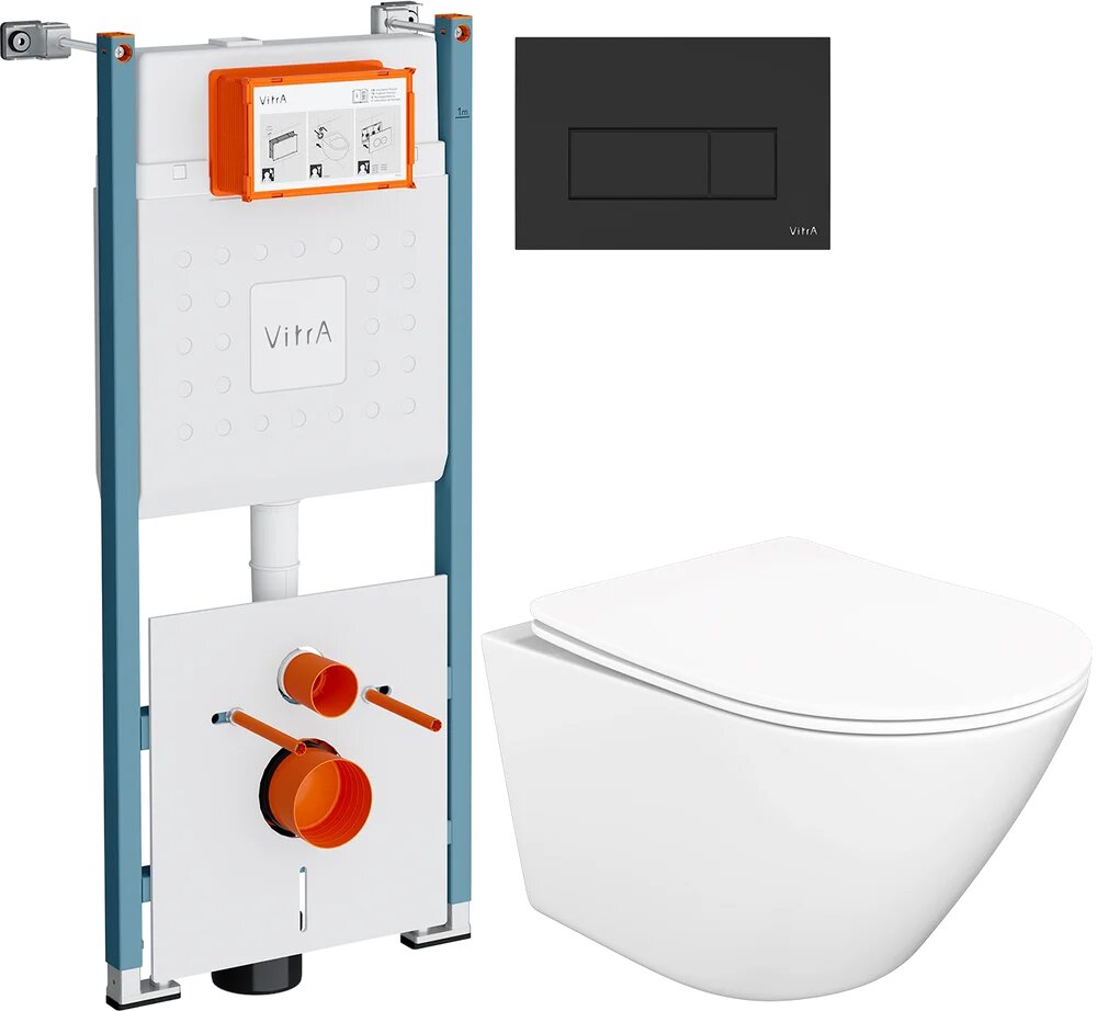 Инсталляция с унитазом комплект 3 в 1 Унитаз подвесной STWORKI Левангер S07401WH безободковый, смыв Торнадо, с микролифтом, антивсплеск / Инсталляция VitrA V-Fix Core 732-5800-01PV / Кнопка черная