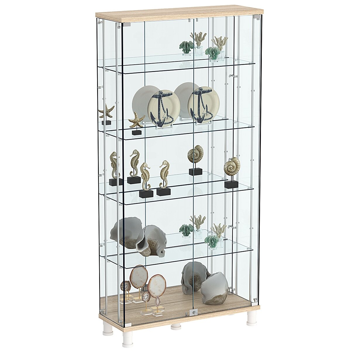 Витрина рондо с регулировочными полками №3-2-РЕГ на ножках (задняя стенка зеркало), Дуб Сонома