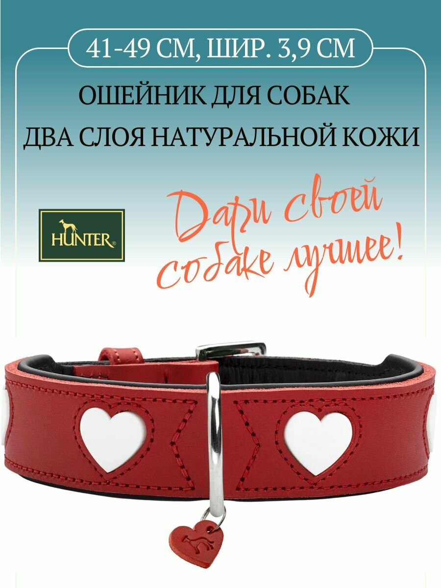 Hunter ошейник Love, цвет красный с отделкой "сердце", размер 41-49 см, ширина 3.9 см (длина ошейника 55 см)