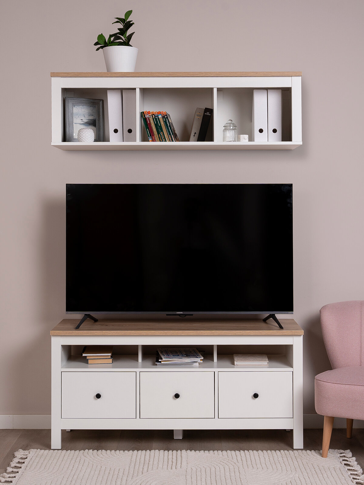 Тумба ГУД лакк Сага, 3 ящика, 131х41х62 см, направляющие с доводчиком, белая/ясень