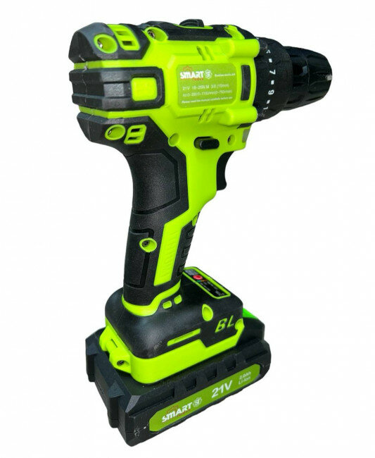 Аккумуляторный шуруповерт SMART 21В, 25 Нм,1150об/мин, безщет, 10мм, зелен. кейс