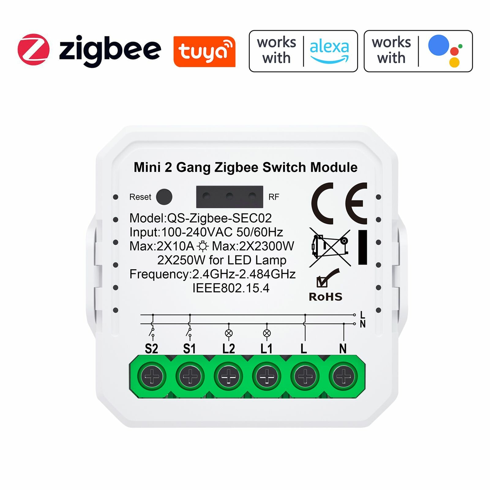 Двухкнопочный модуль переключателя Tuya ZigBee с двойным управлением, совместимый с пультом дистанционного управления бытовой техникой с голосовым управлением Alexa
