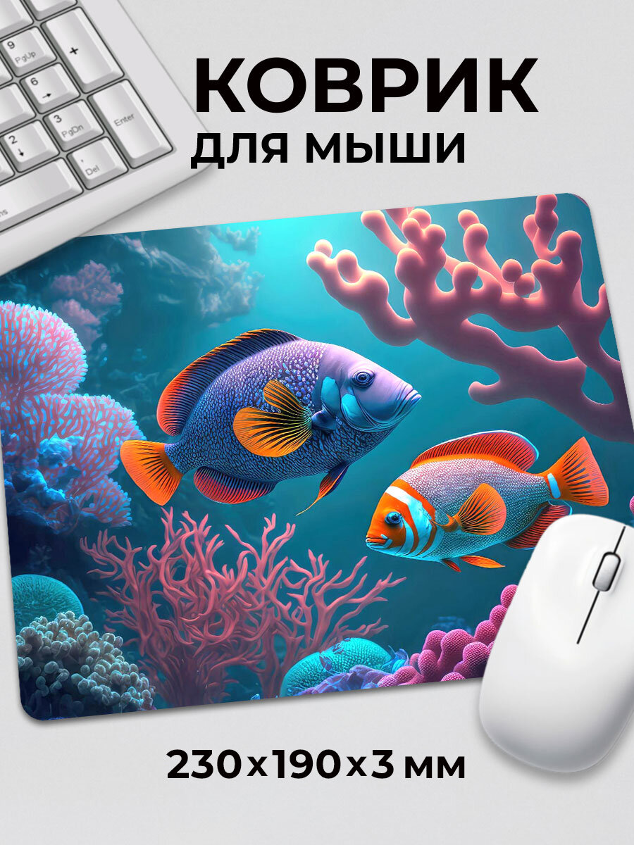 Коврик для мышки Подводный мир две рыбы Кораллы Море Океан нескользящий, на нескользящем основании 230x190x3 мм