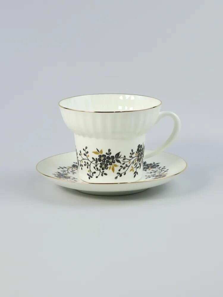 Кофейная пара 155 мл. Форма "Волна", рисунок "Тонкие веточки". Костяной фарфор. Чашка для кофе. Императорский фарфоровый завод ИФЗ ЛФЗ