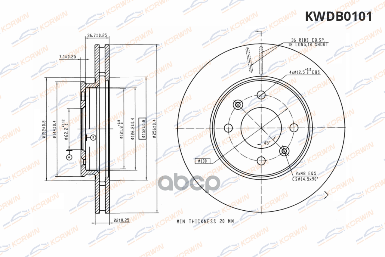 Диск тормозной передний KIA RIO (FB, QB, RB) KORWIN арт. KWDB0101