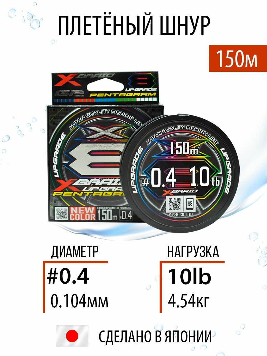 Плетёный шнур для рыбалки YGK X-Braid Upgrade X8 Pentagram #0.4/10lb 150m плетёнка рыболовная, леска для спиннинга.