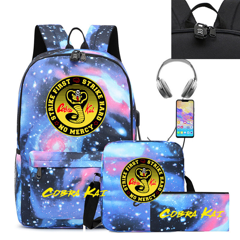Новый американский сериал «Каратэ», детский рюкзак «Кобра», сумка для ручек, сумка на одно плечо, парусиновая школьная сумка из трех предметов 01