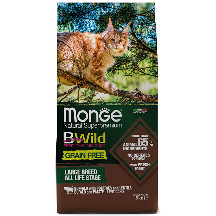 Корм сухой Монж беззерновой из мяса буйвола для крупных кошек Monge BWild Grain Free Cat Buffalo 1,5 кг