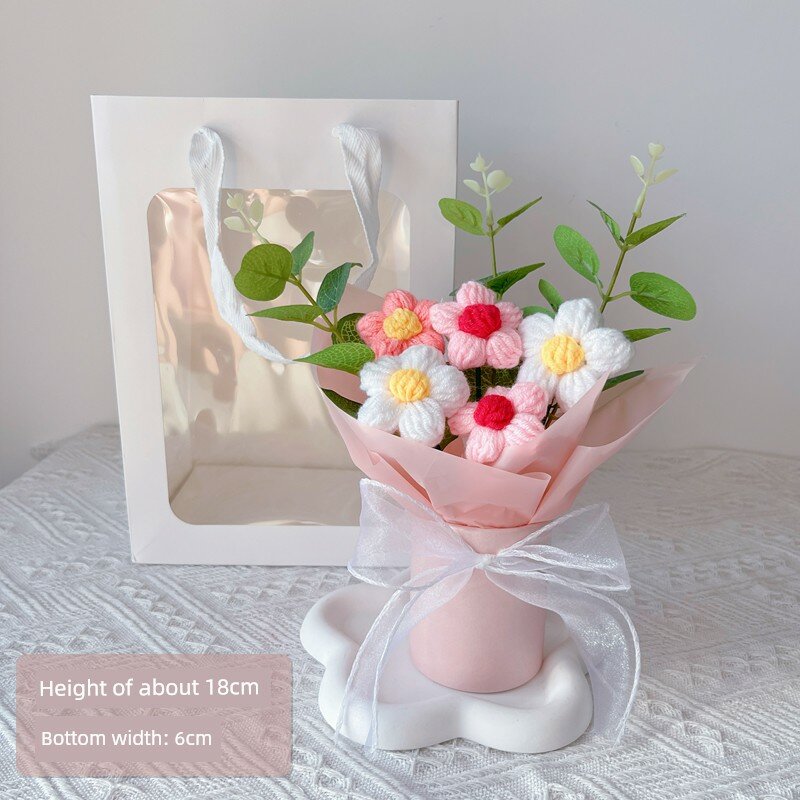 Креативный букет из пряжи ручной вязки, готовый продукт: вязаные розы и подсолнухи, искусственные цветочные украшения,