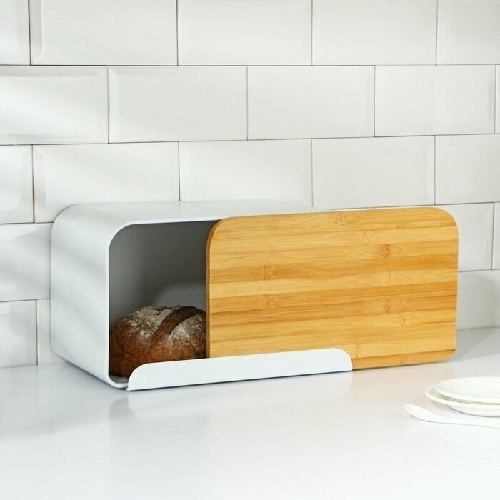 Хлебница деревянная "Softal", хлебница с крышкой, цвет белый, 35 х 21 х 21,5 см