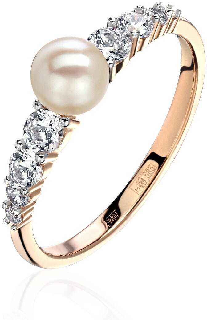 Кольцо, красное золото, 585 проба, фианит, жемчуг